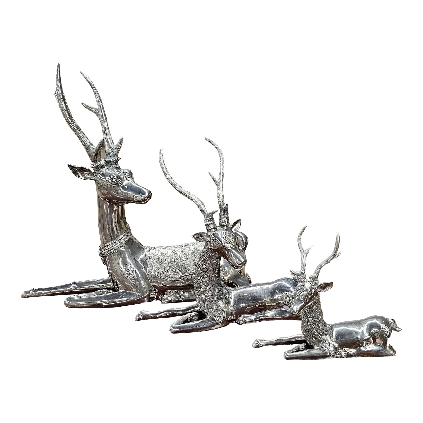 Set of Three Silver Metal Figures of Graduated Deers | Chairish