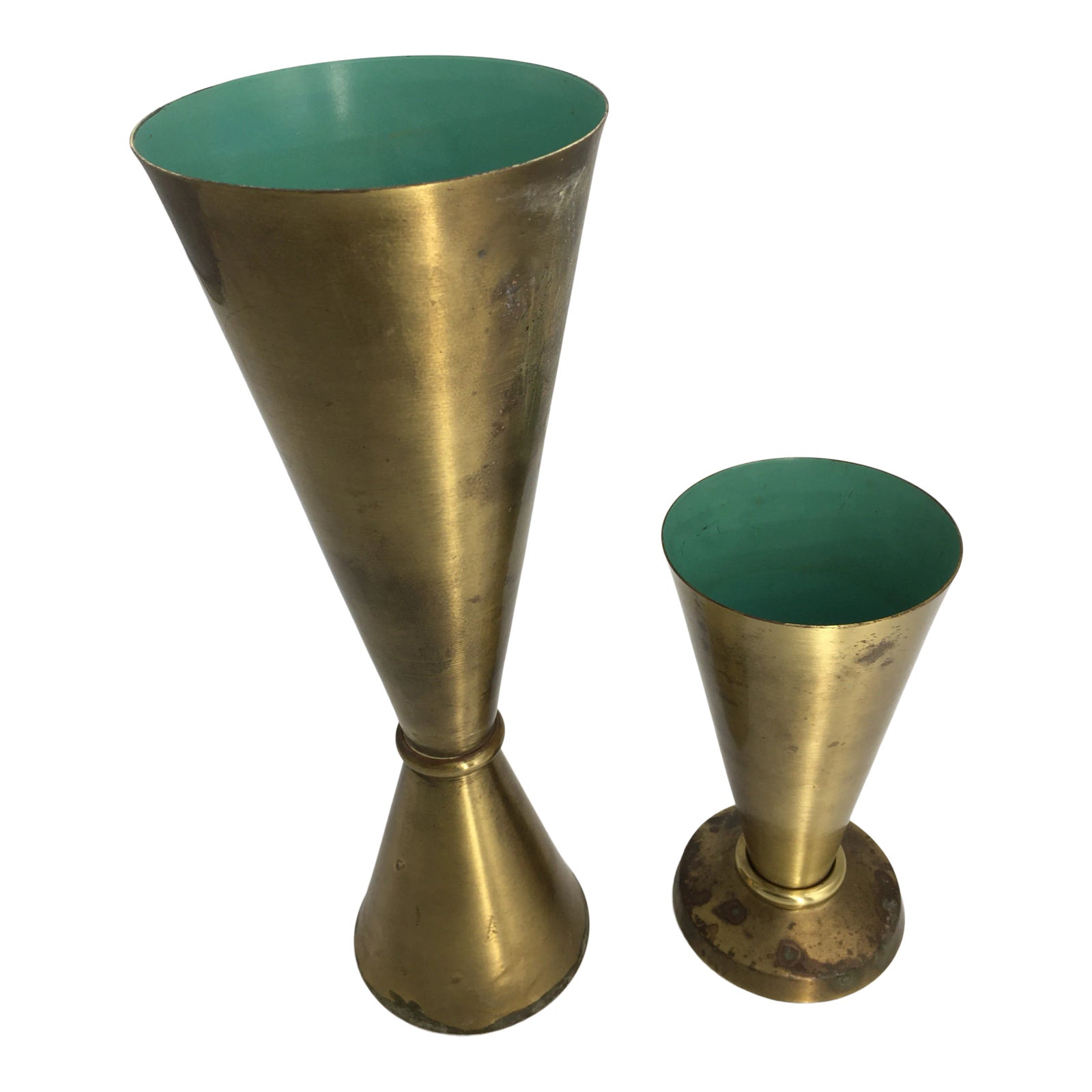 Mid Century Brass and Turquoise Conical Vases - a Pair | Chairish