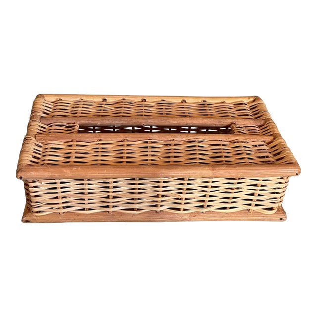 Vintage Tan Woven Rattan Tissue Box Cover | Chairish