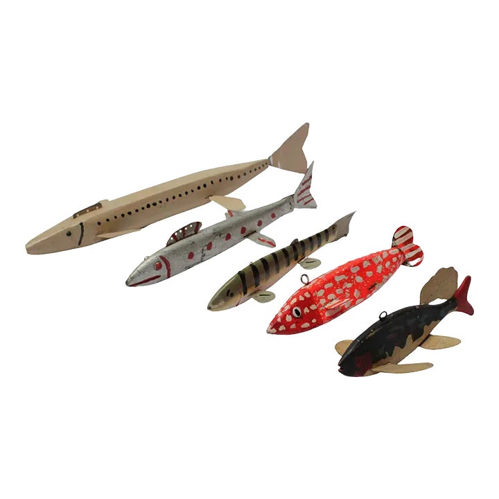 Grouping of Five Hand-Painted and Carved American Folk Art Fish Decoys ...