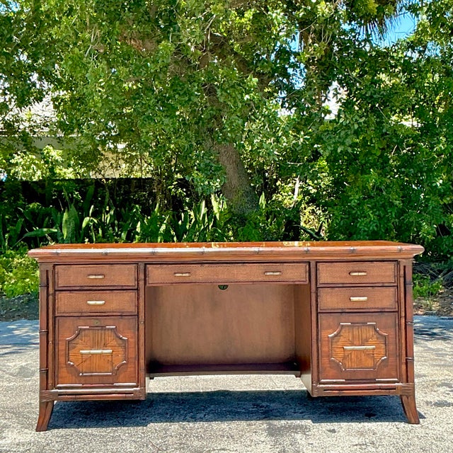 Vintage Coastal Sligh Woven Rattan Desk | Chairish