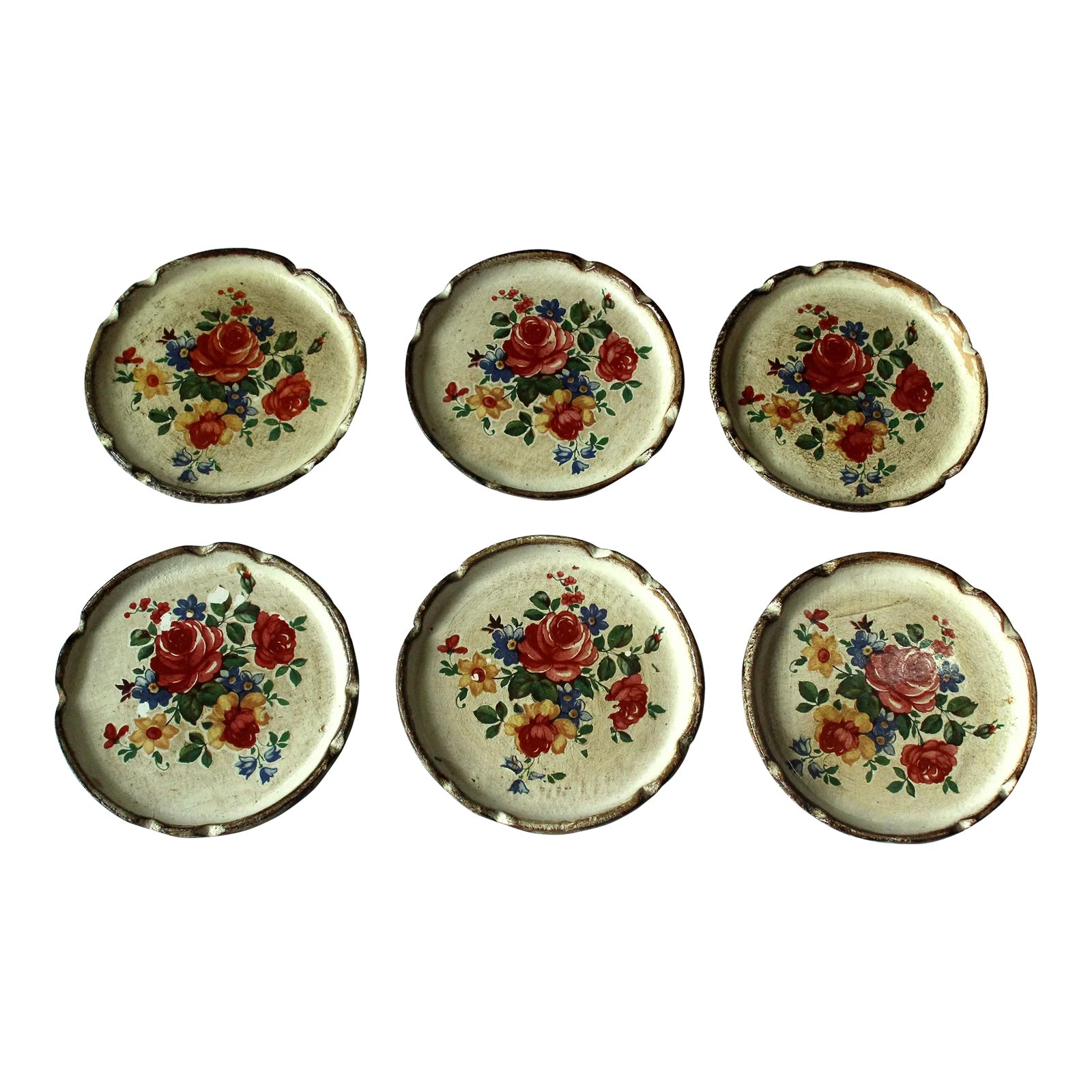 1970s Vintage - 6 Wooden Florentine Style Coasters With Floral Motifs ...