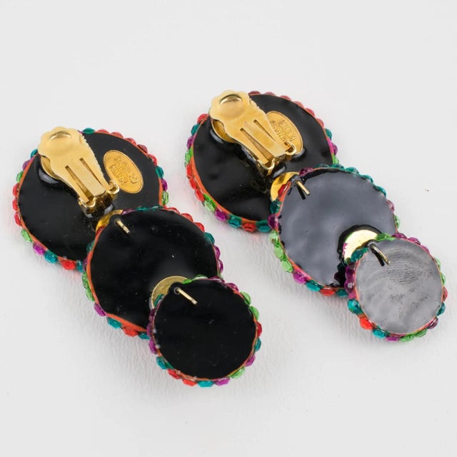 Richard Kerr Jeweled Clip Earrings Multicolor Dangle Disks | Chairish