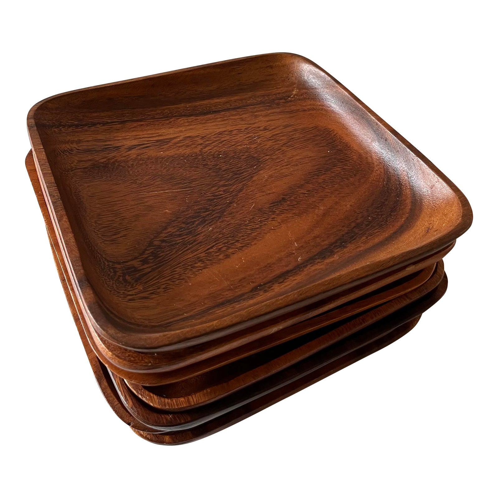 Set of 7 Vintage Square Monkeypod Wood Plates | Chairish