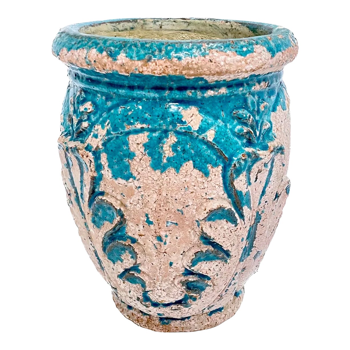 Aged Turquoise Glaze Acanthus Leaf Pot | Chairish