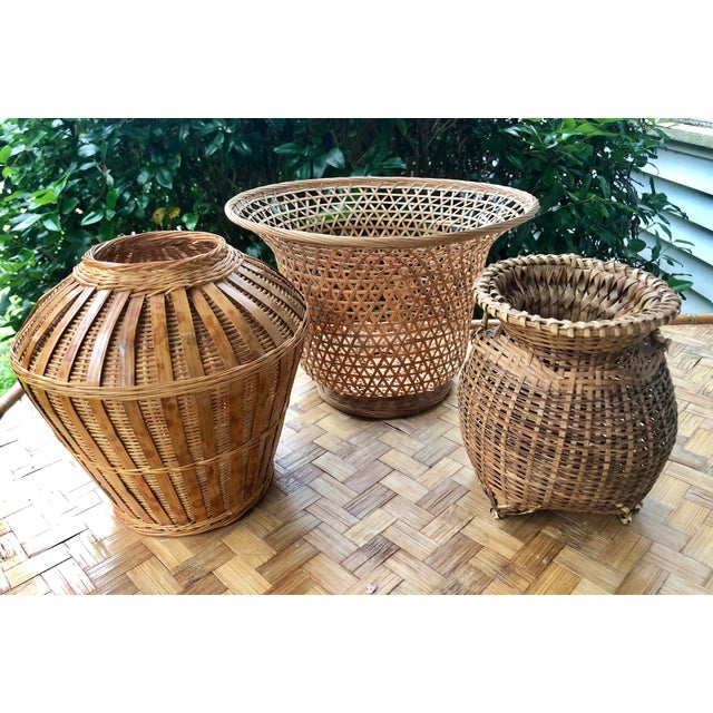 Antique Asian Natural Woven Wicker Rattan Footed Basket Urn | Chairish