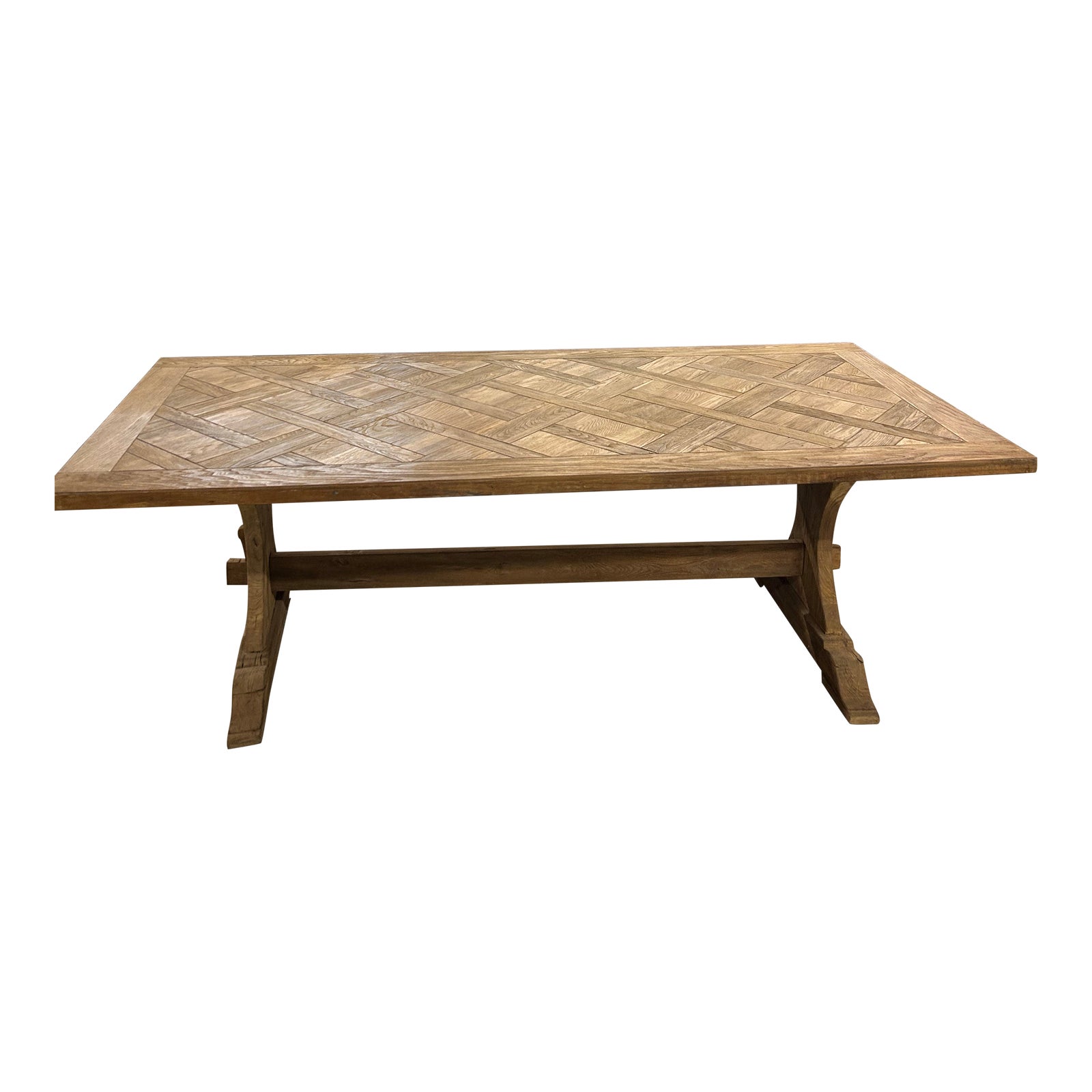 1990s Light Wood Trestle Table With Basketweave Inlay Top | Chairish