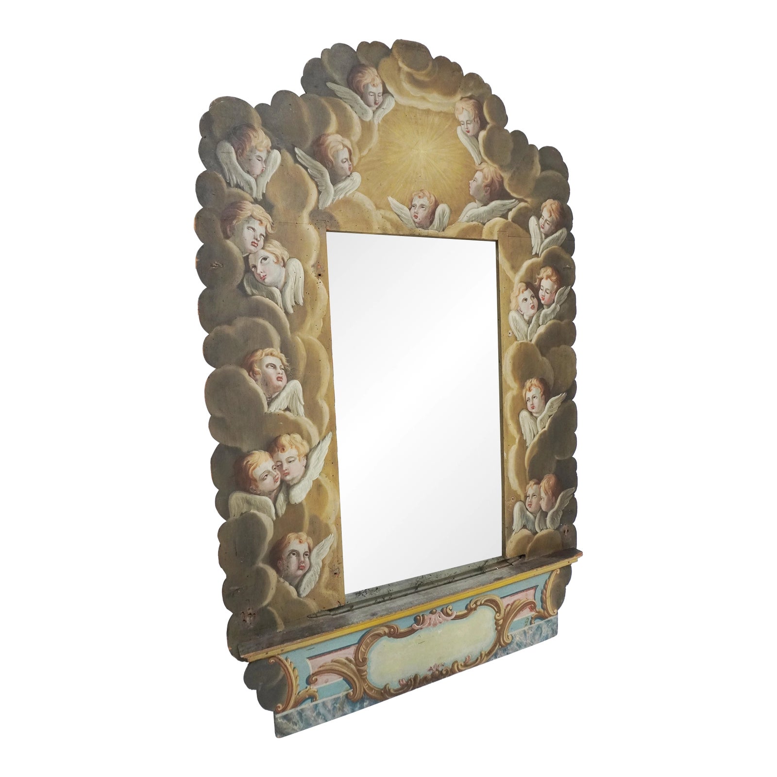 19th C Hand Painted Mirror With Angels | Chairish