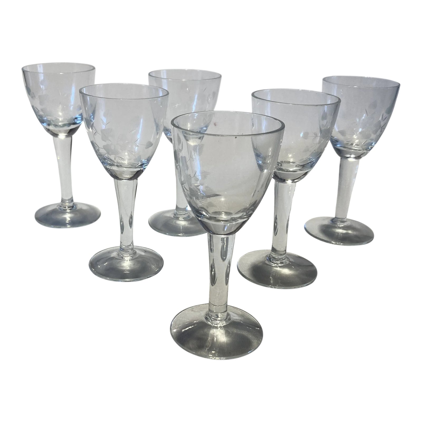 Midcentury Clear Floral Etched After Dinner Drink, Aperitif Glasses S/6 ...