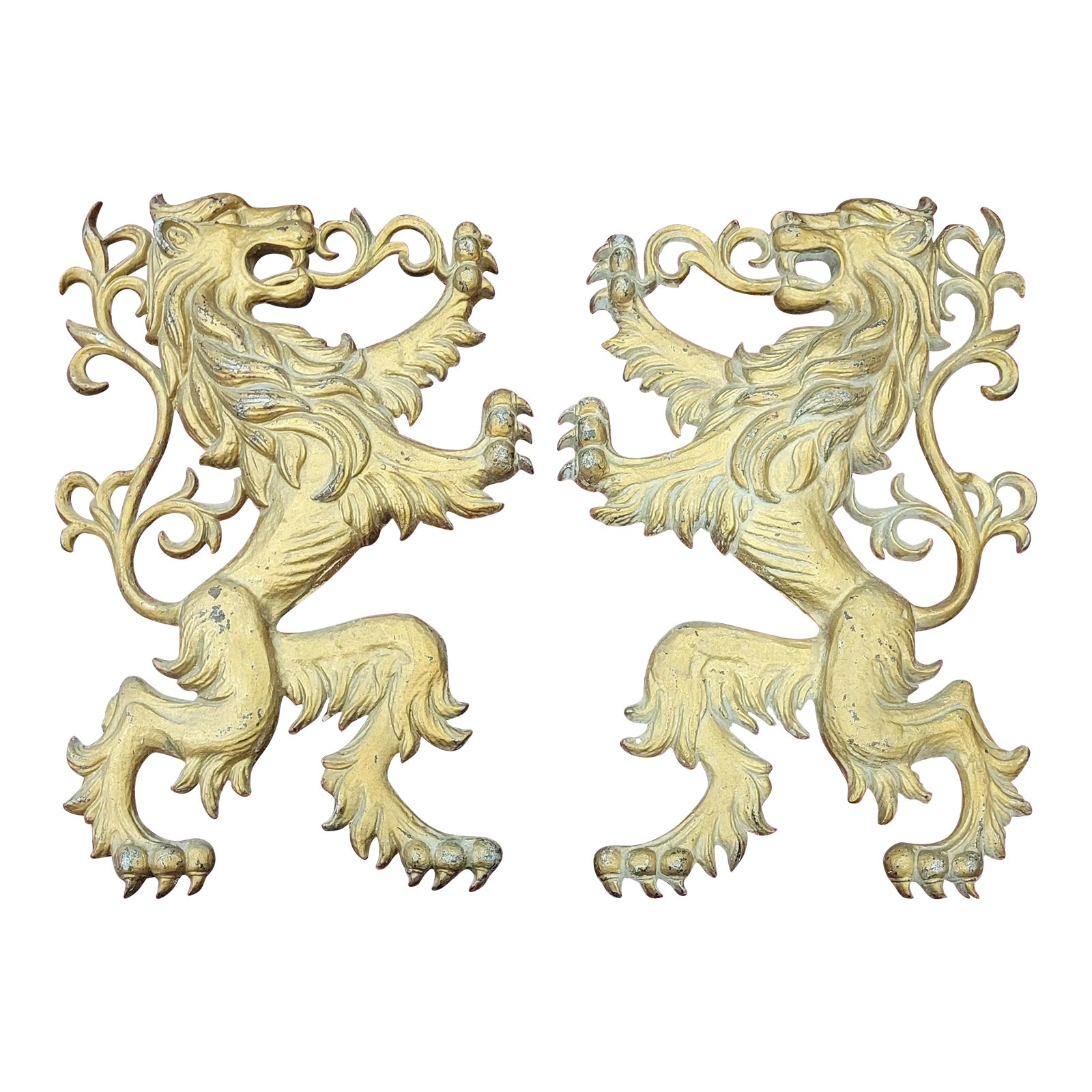 Pair of Antique Gilt Aluminum French Rampant Lions Wall Decor | Chairish