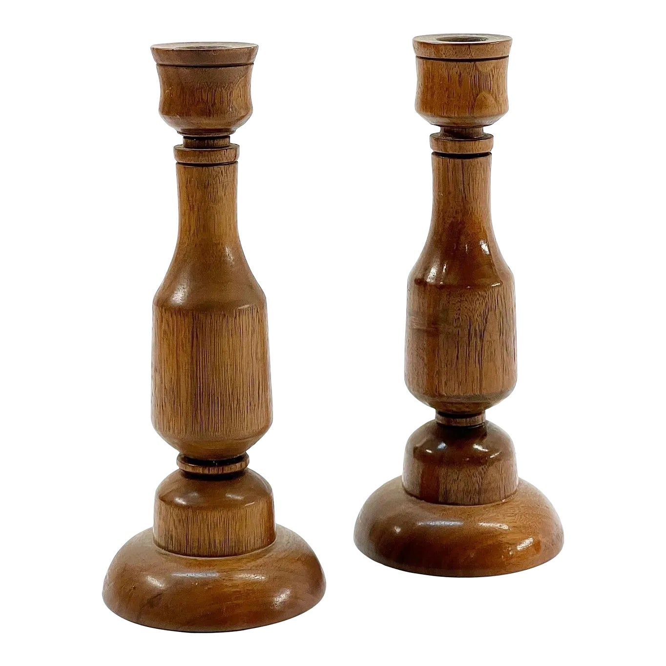 Pair of Vintage Modern Hand Turned Wooden Candlesticks | Chairish