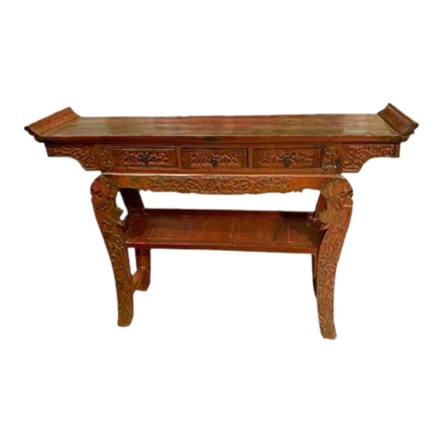 1950s' 1970s Asian Hand Carving Wing Console Table | Chairish