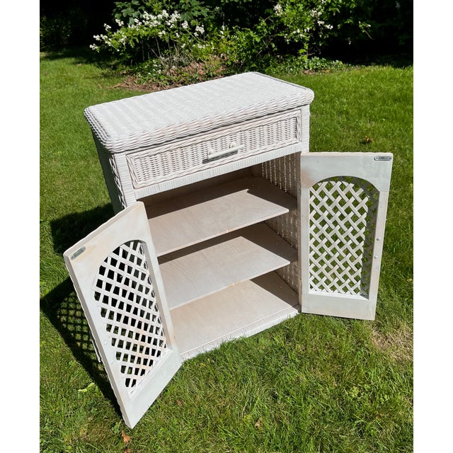 Boho Chic White Wicker Cabinet 2 Open Lattice Doors Drawer & 2 Shelves ...