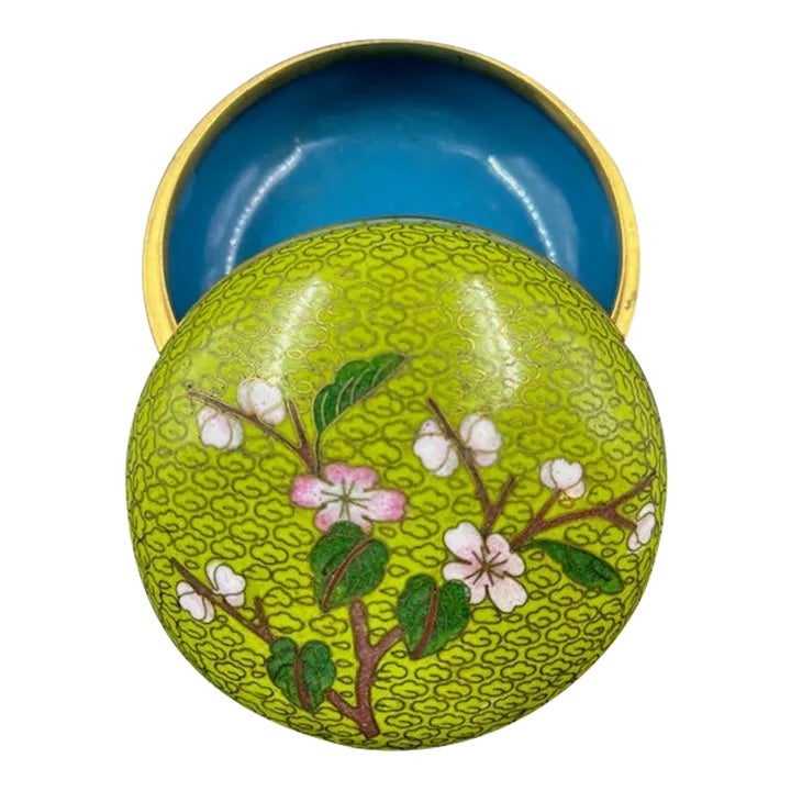 Vintage Green Cloisonne' Lidded Round Dish | Chairish