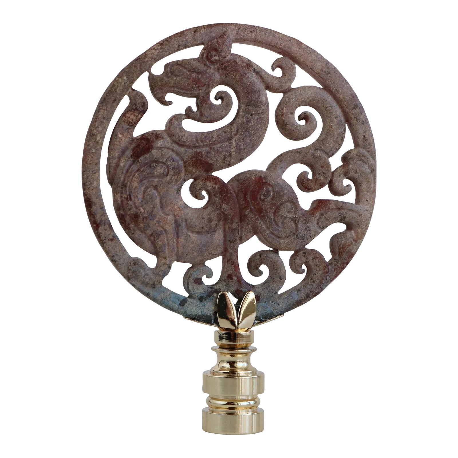 Prancing Dragon Carved Stone Lamp Finial on Golden Brass Hardware ...