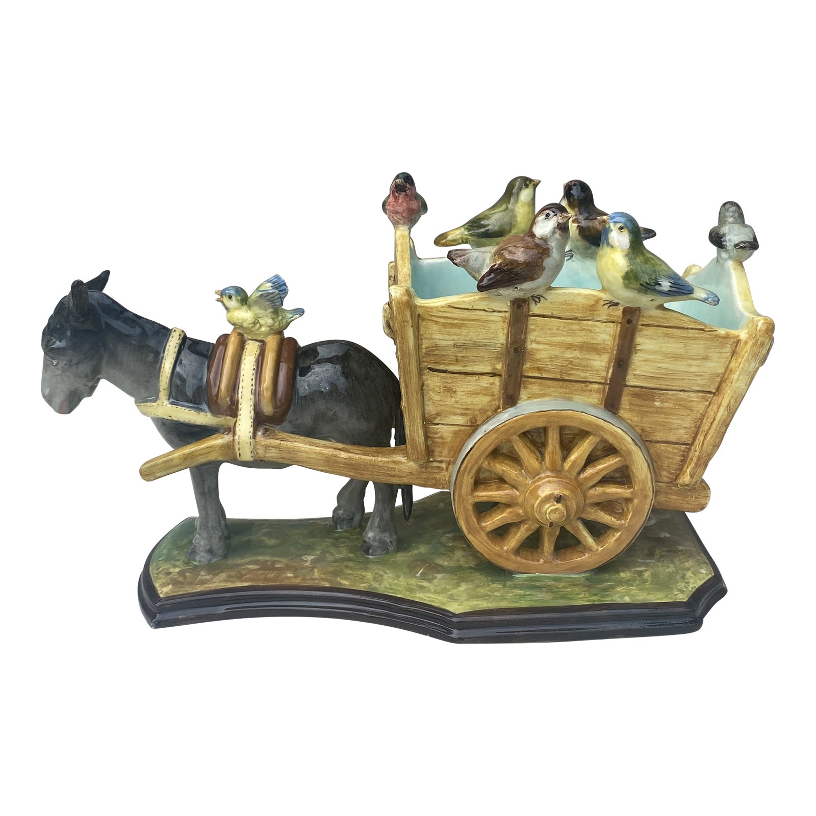19th Century Majolica Cart With Donkey & Birds Delphin Massier | Chairish