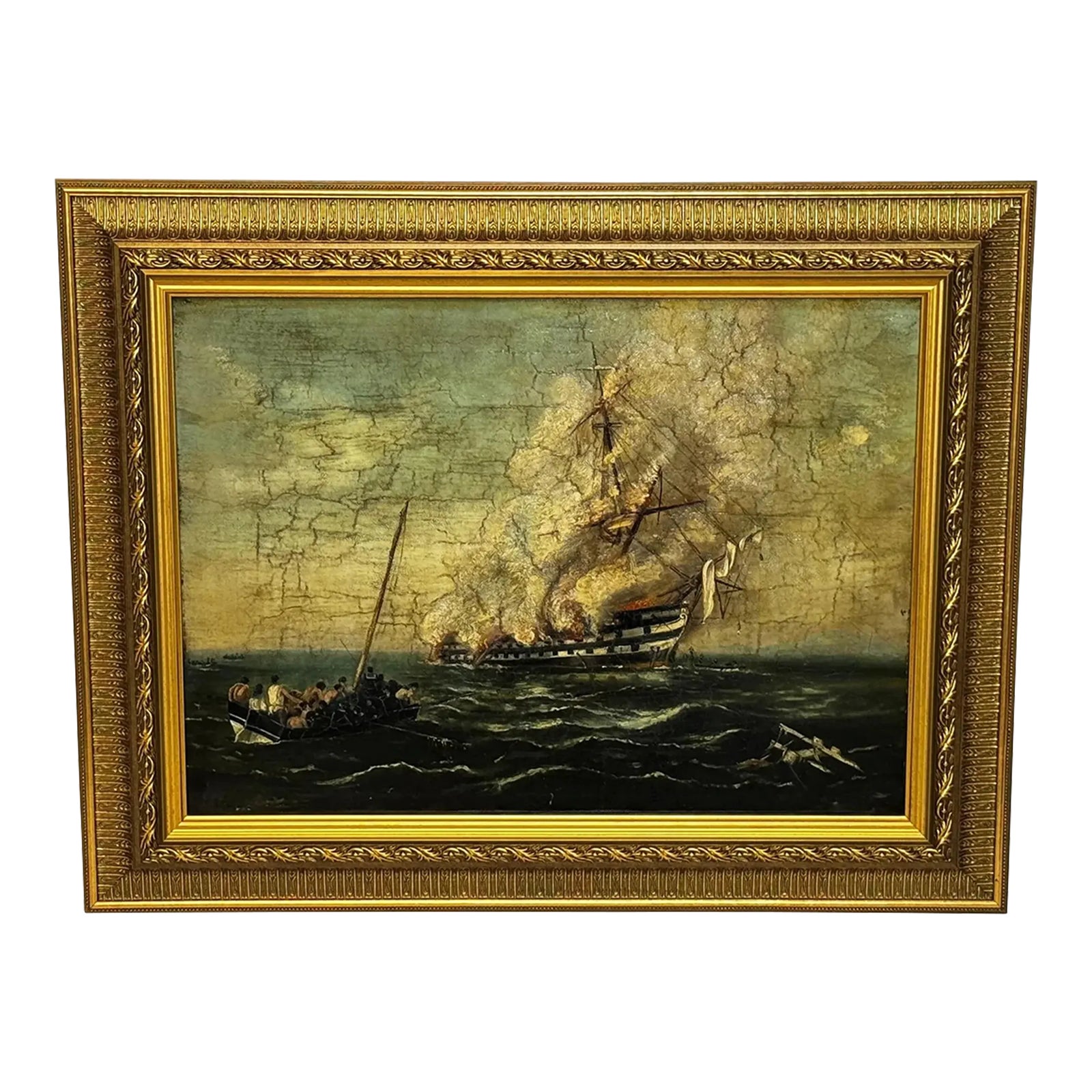 19th Century Oil Painting Burning Sinking Hms Bombay Ship Follower ...