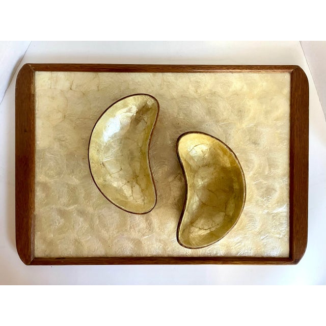 Vintage Capiz Shell Wood Tray and Matching Bowls | Chairish