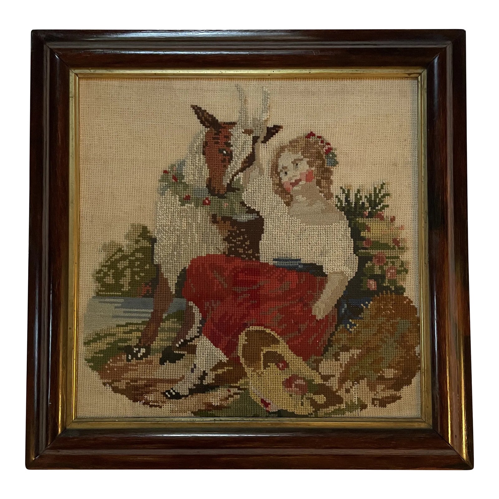Late 19th Century Victorian Needlepoint of Girl With Goat, Period Frame ...