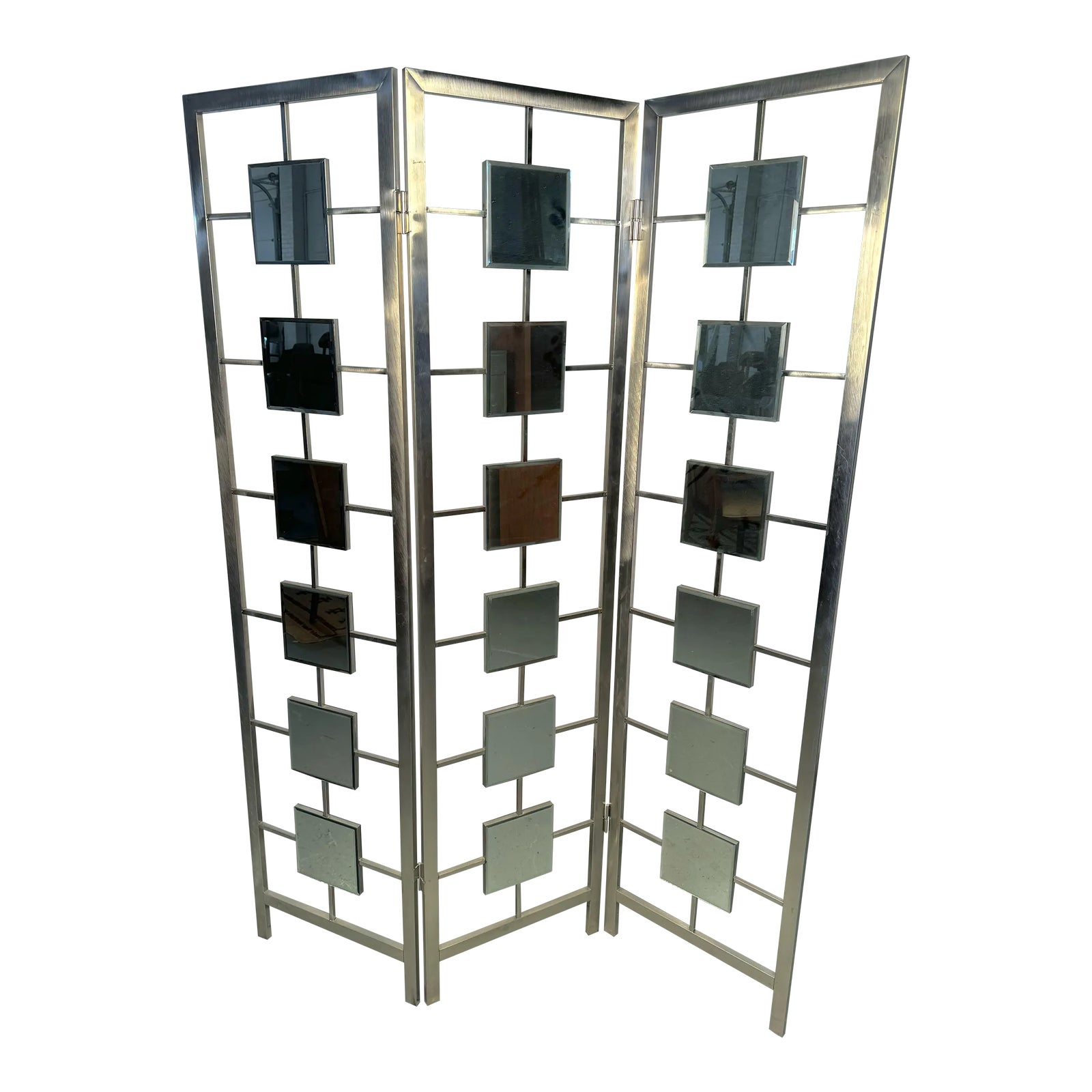 Vintage Mirrored Metal Square Patterned Room Divider | Chairish