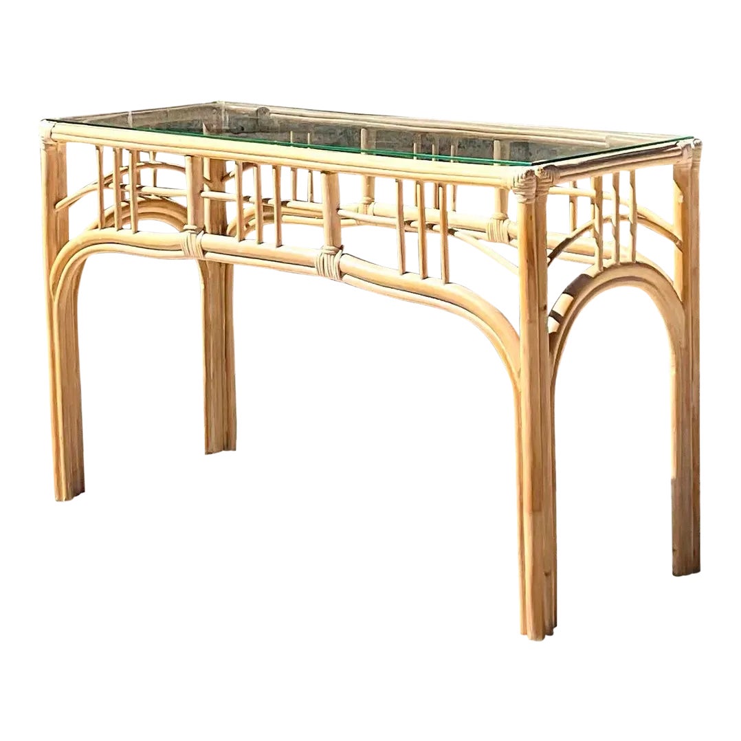 Vintage Coastal Rattan Console Table | Chairish