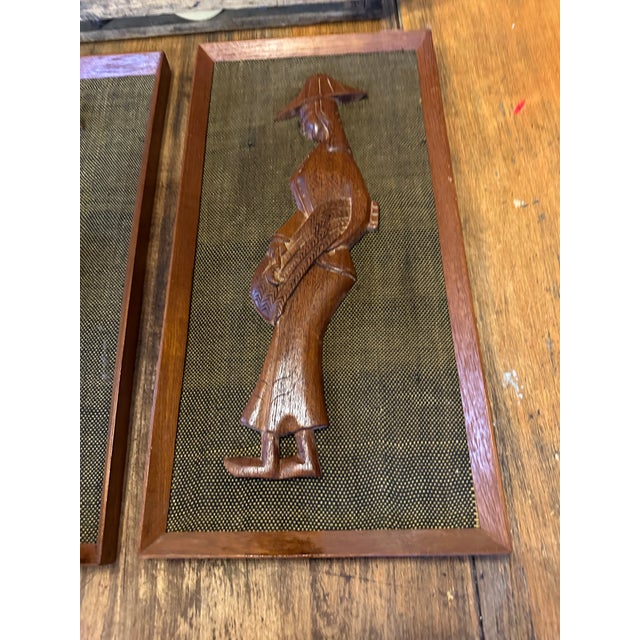Vintage Asian Women Hand Crafted Wood Panels Wall Hangings - Set of 2 ...
