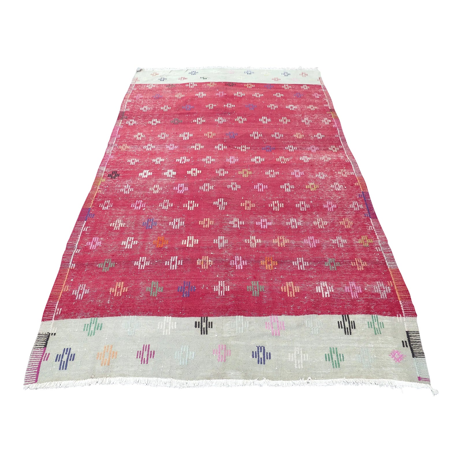 70s Ruby Red Turkish Aesthetic Living Area Kilim Rug | Chairish