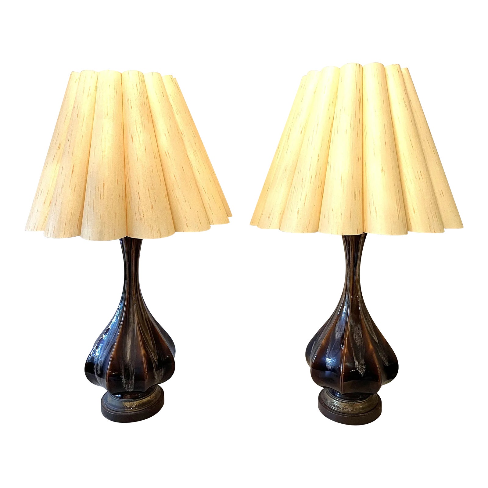 Mid Century Modern Ceramic Drippy Glaze Fluted Gourd Shaped Lamps With ...