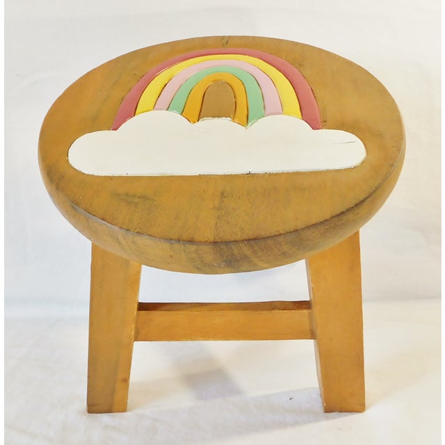 Handcrafted Solid Wood Carved Rainbow Foot Stool | Chairish