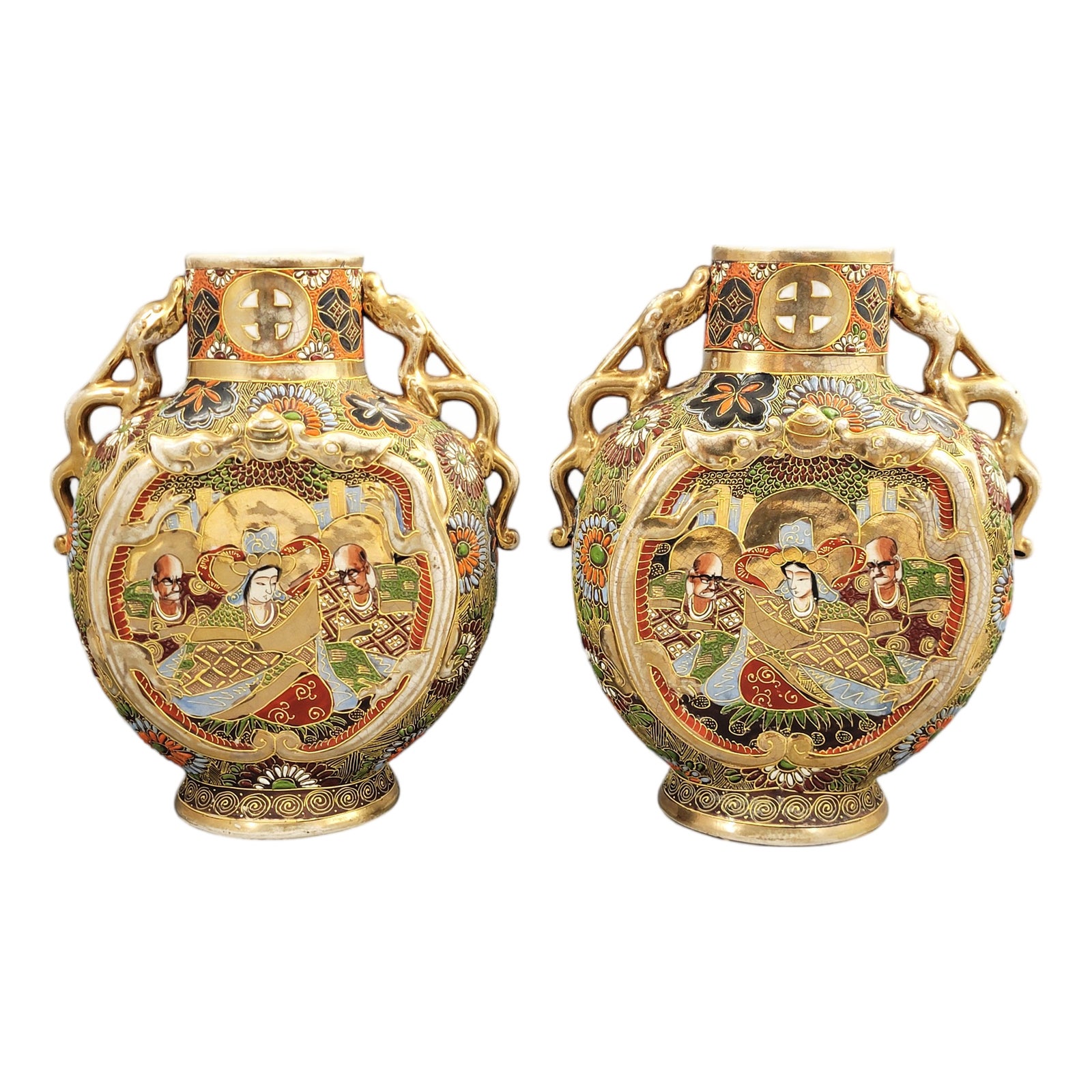 Late-Meiji Satsuma Moon-Flask Vases with Dragon Handles, 1890s, Set of ...