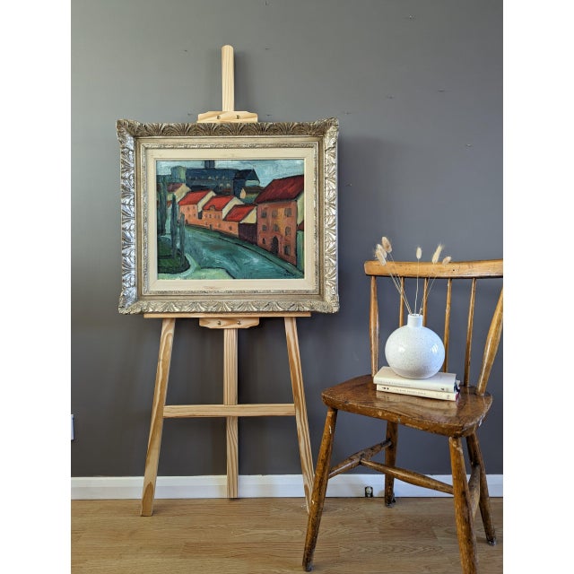 Mid-Century Modern Swedish "Stretch of Houses" Vintage Street Scene Oil ...