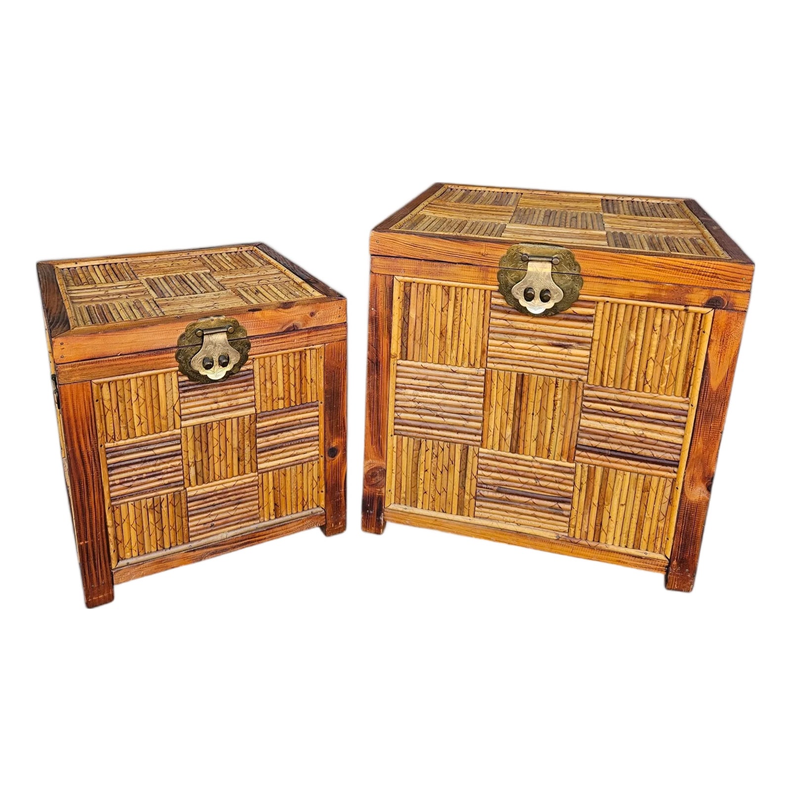 Pair of Vintage Chinoiserie Split-Bamboo Woven Trunks/Chests With Brass ...