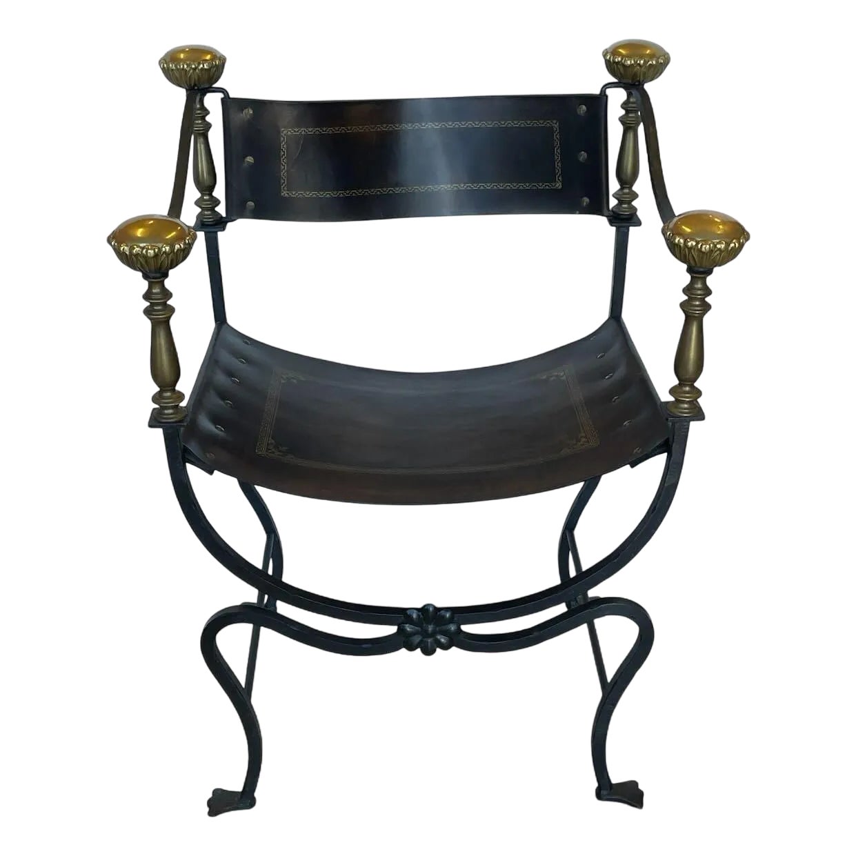 Mid 20th Century Dante Chair Renaissance Style Iron, Bronze & Leather ...