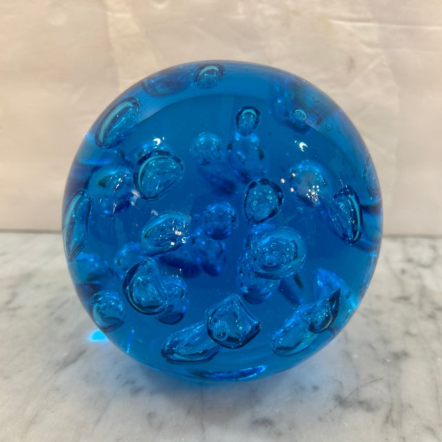 Blue Blown Glass Paperweight With Bubble Inclusions | Chairish