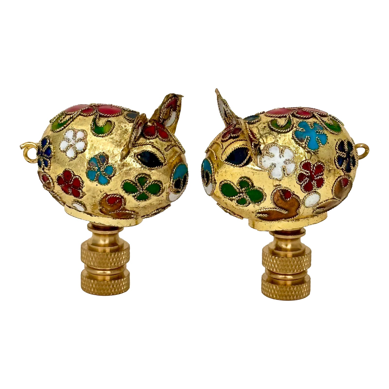 Cloisonne Pig Lamp Finials on Brass Hardware - a Pair | Chairish