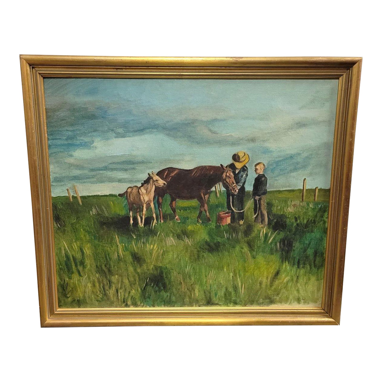 American Oil on Canvas Painting Horse, Colt, Boy, Farmer, Signed Evans ...