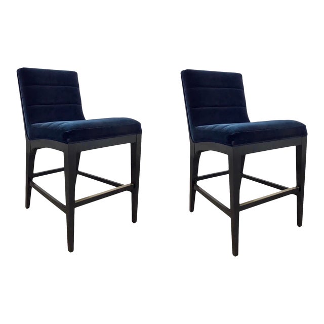 Caracole Modern Navy Blue Velvet Counter Stools Pair | Chairish