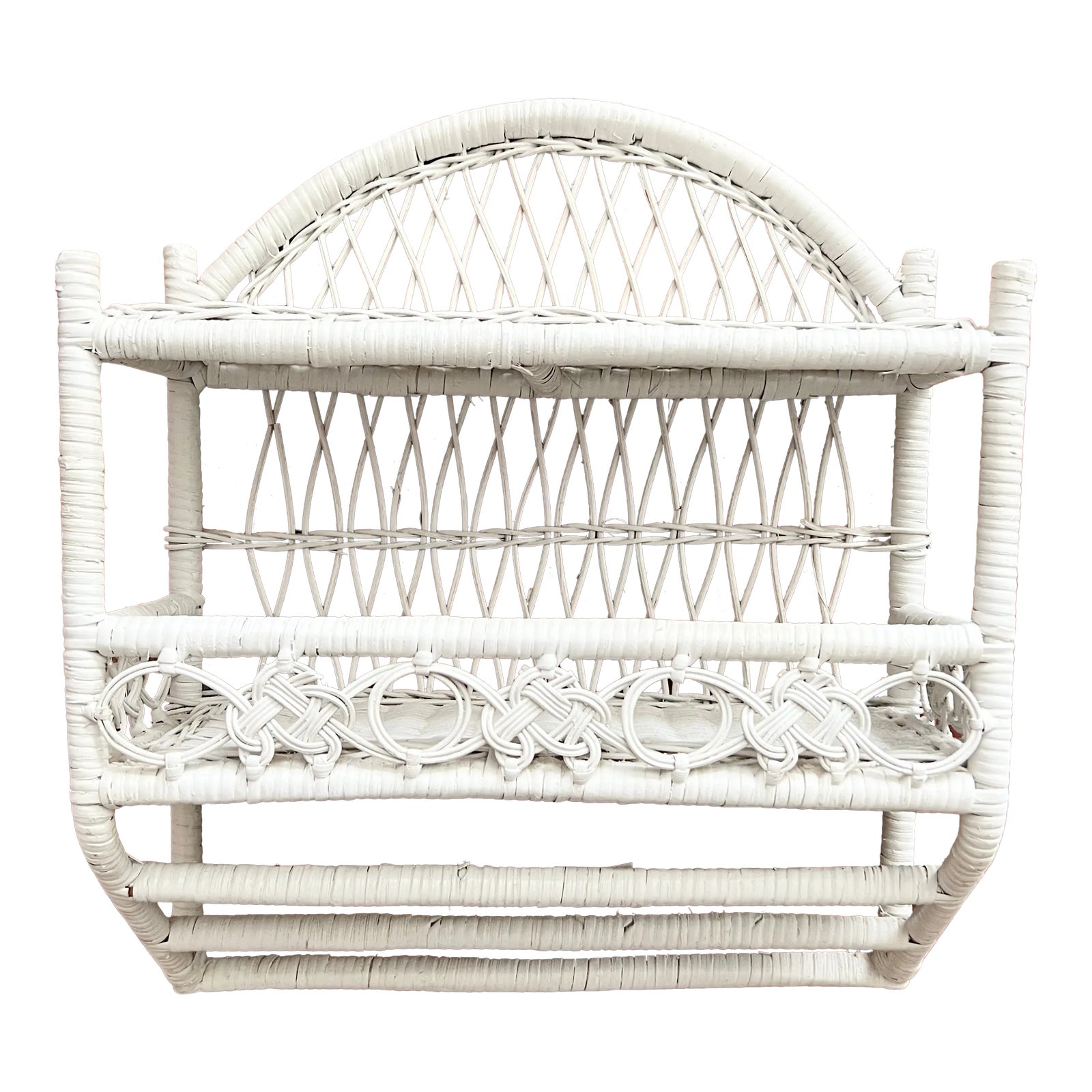 Vintage Woven White Wicker Wall Mounted Shelf Unit or Organiser | Chairish