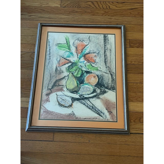 1951 William Oberman Modern Cubist Still Life Pastel Drawing of Flowers ...