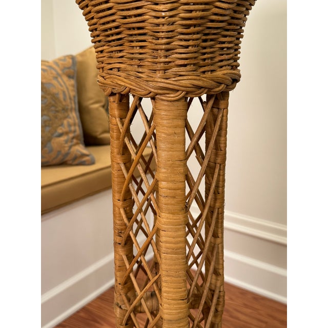 Vintage Coastal Large Rattan & Wicker Plant Stand | Chairish