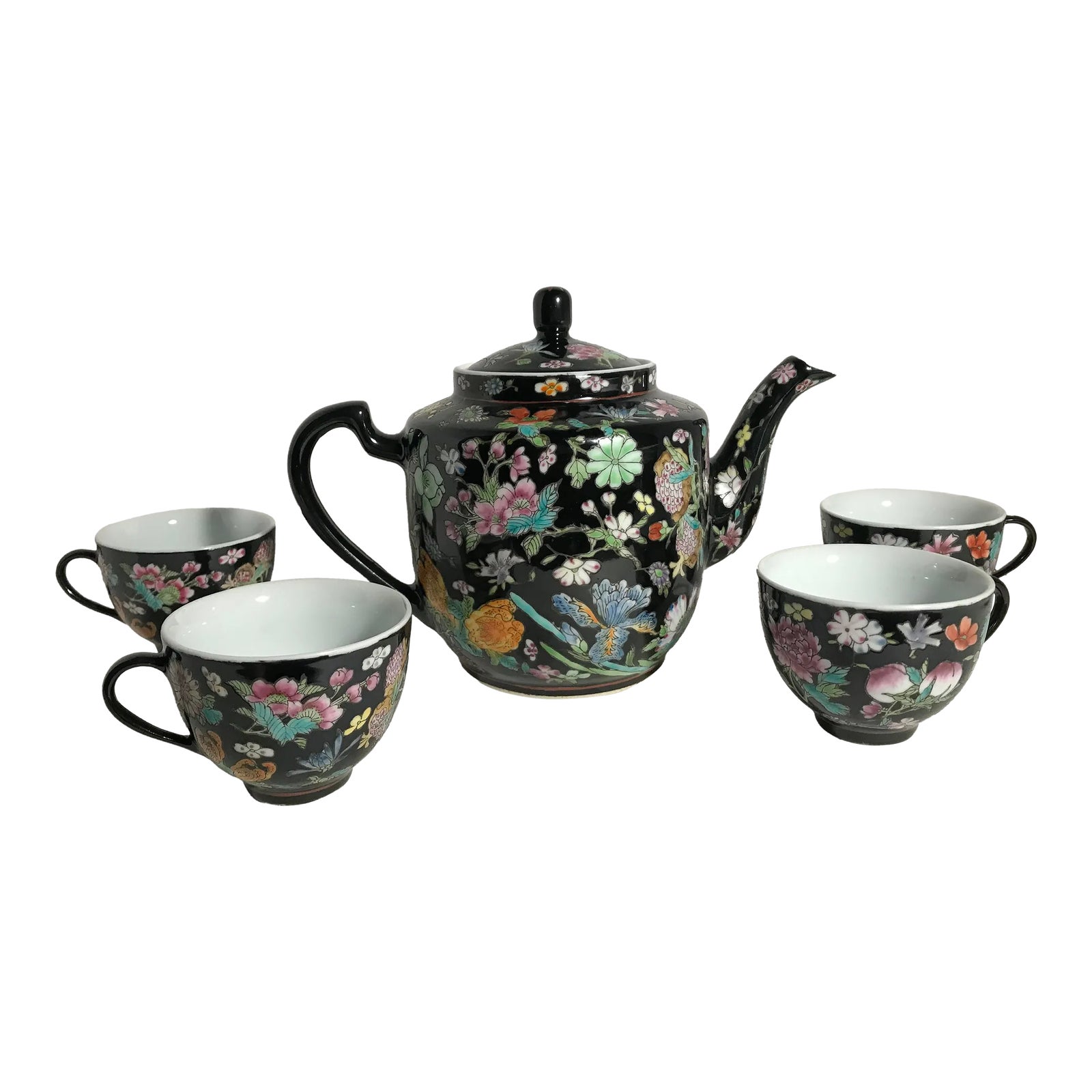 Vintage Chinese Famille Noire Porcelain Hand Painted Tea Set Teapot & 4 ...