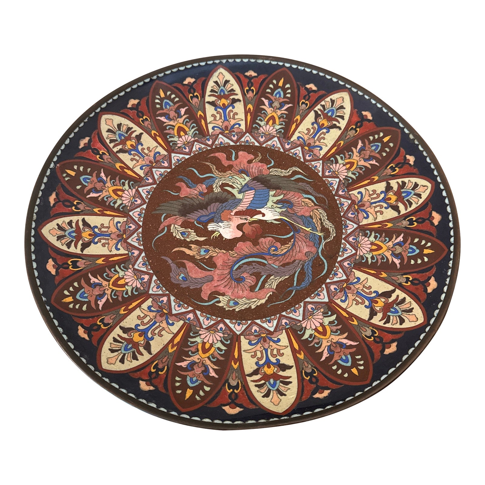 19th Century Meji Period Large Cloisonne Enamel Phoenix Plate | Chairish