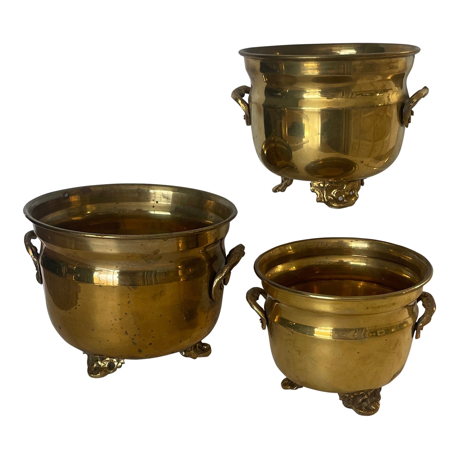 Brass Nesting Footed Planters With Handles - Set of 3 | Chairish