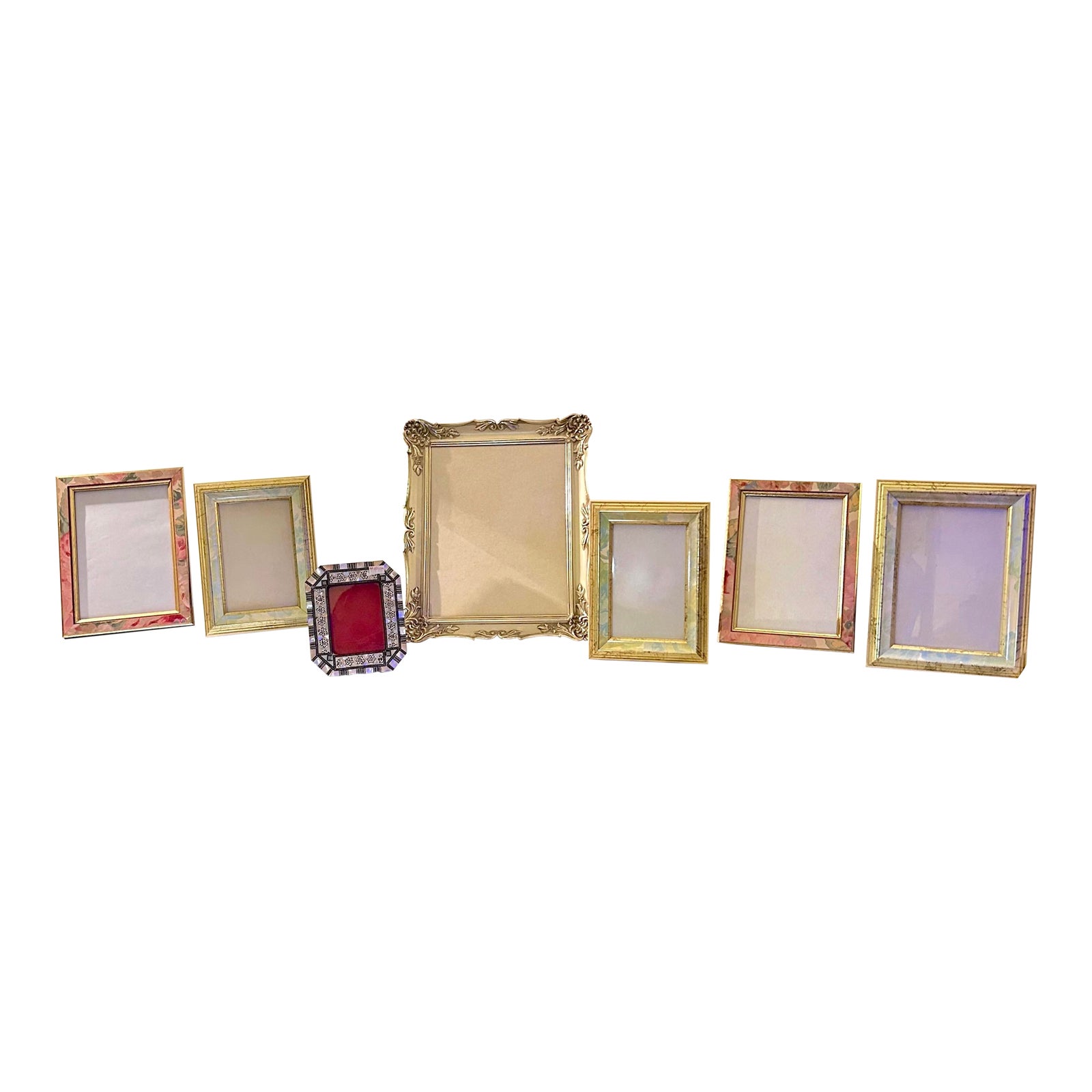 Set of 7 Vintage Mother of Pearl/Wood/Metal Art/Photo Frames | Chairish