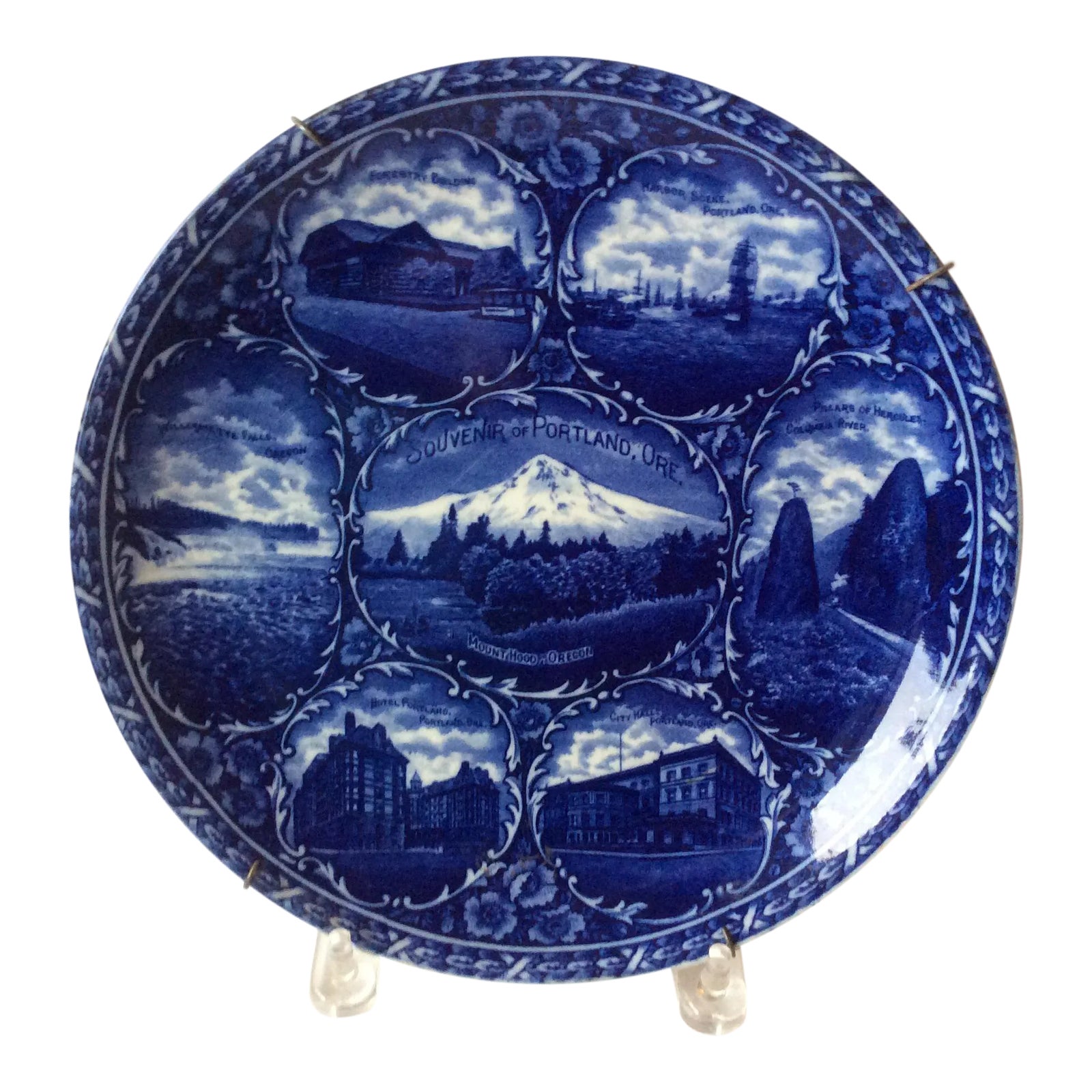Antique Blue and White Portland Oregon Plate | Chairish