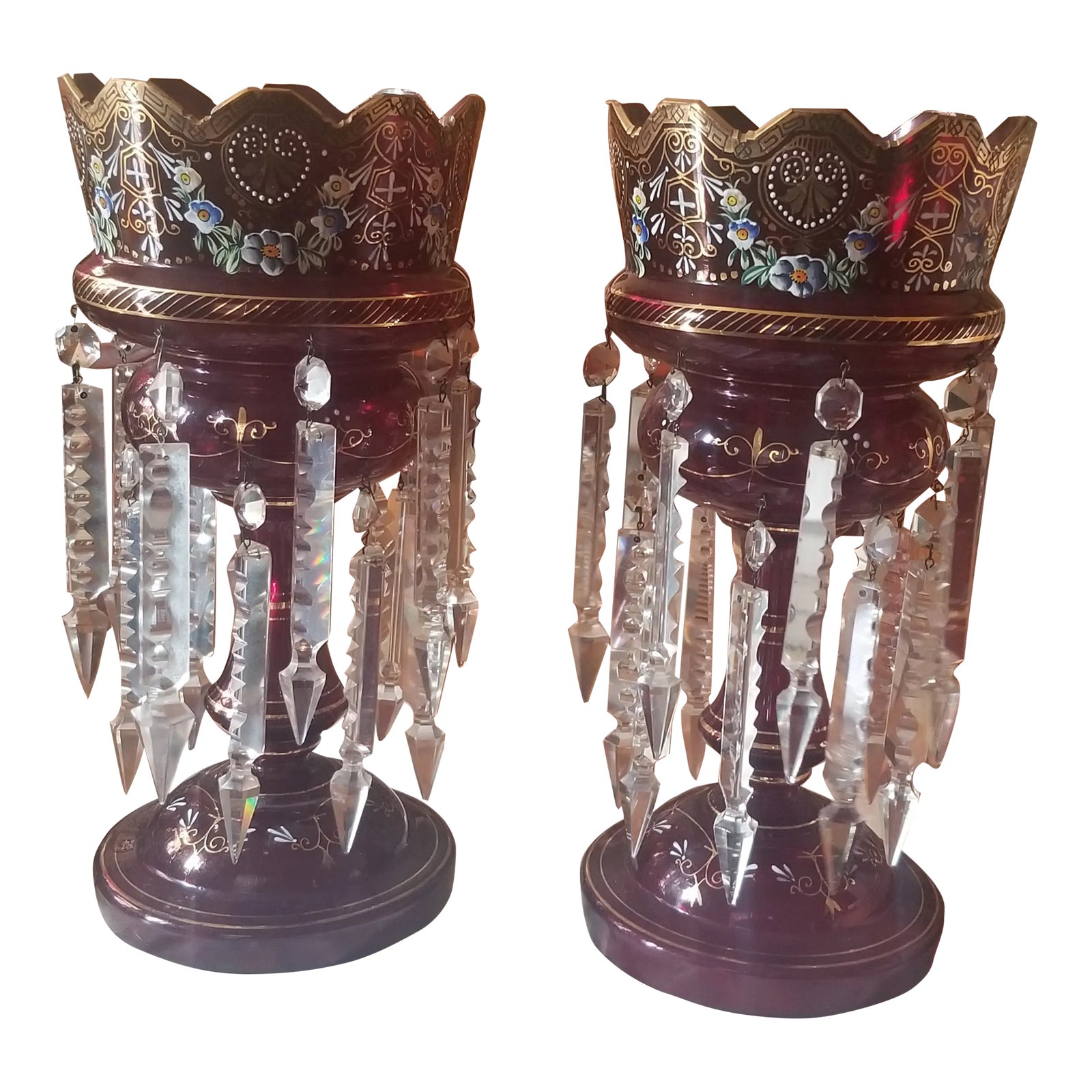 Antique Victorian Bohemian Ruby Mantel Candle Lusters - a Pair | Chairish