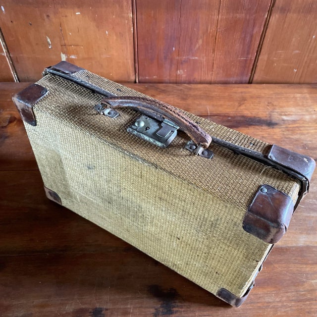 1900s Antique Edwardian Rattan Sisal Travel Suitcase with Leather ...