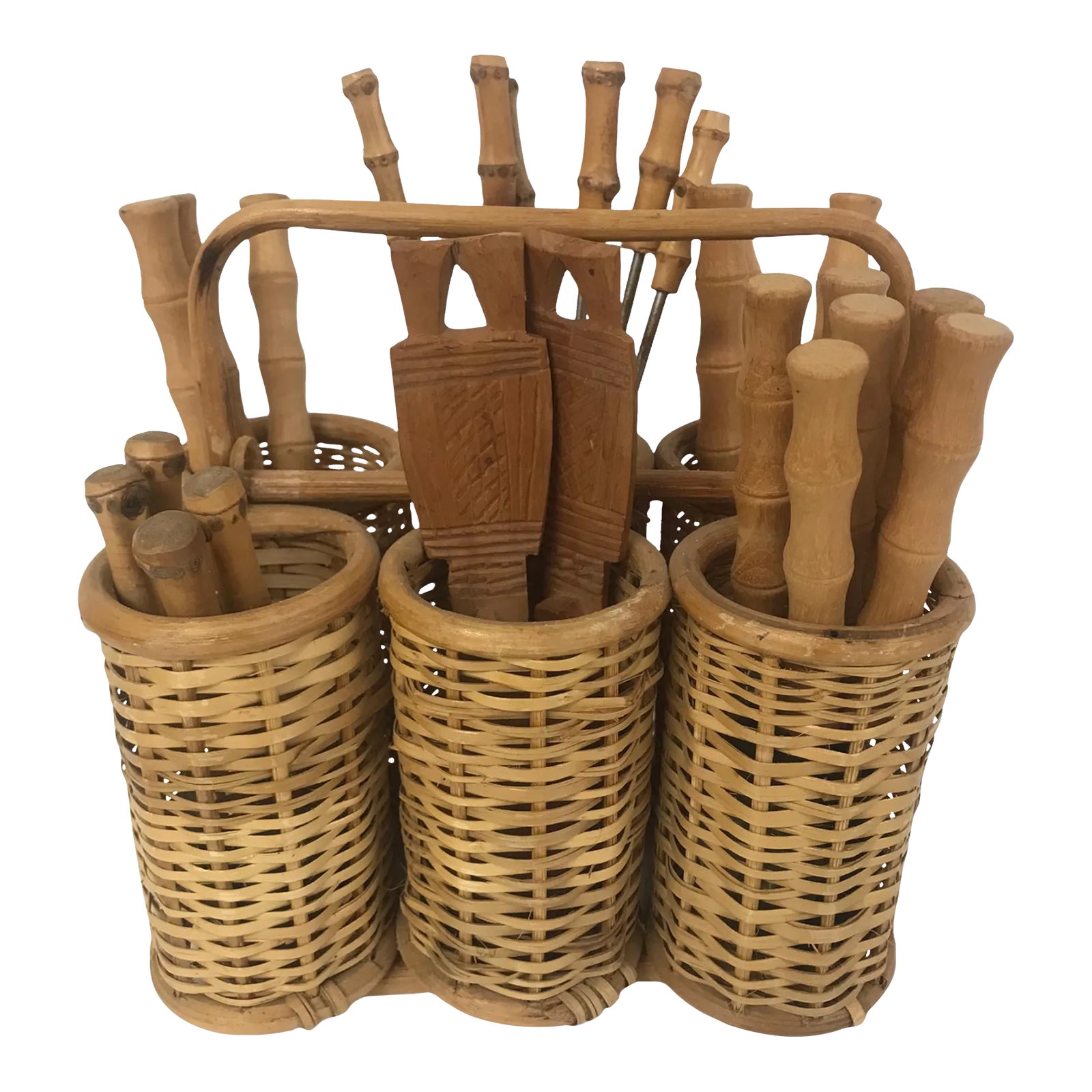 Vintage 25-Piece Bamboo Silverware & Caddy Set | Chairish