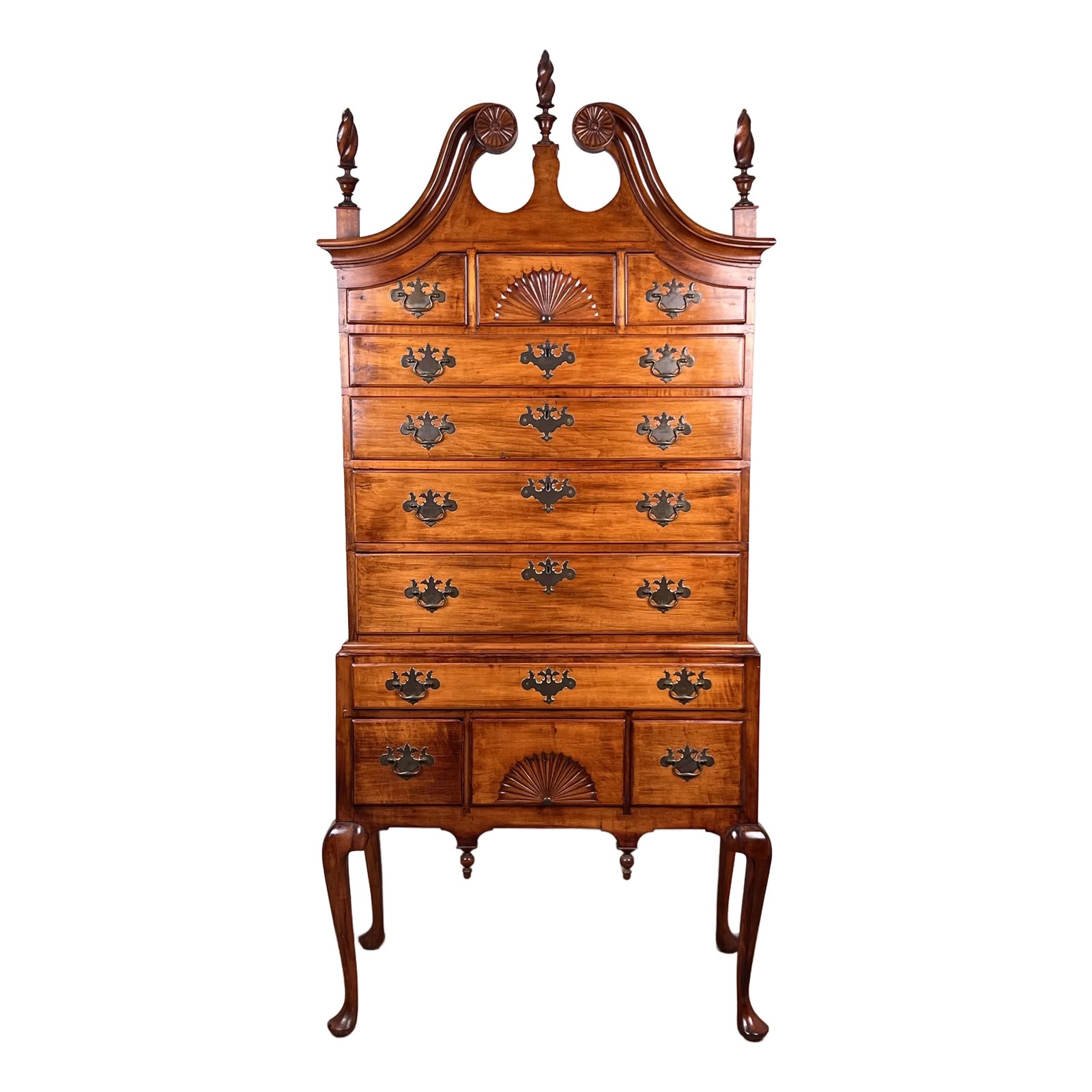 Antique New England Maple Queen Anne Bonnet Top Highboy C. 1760 | Chairish