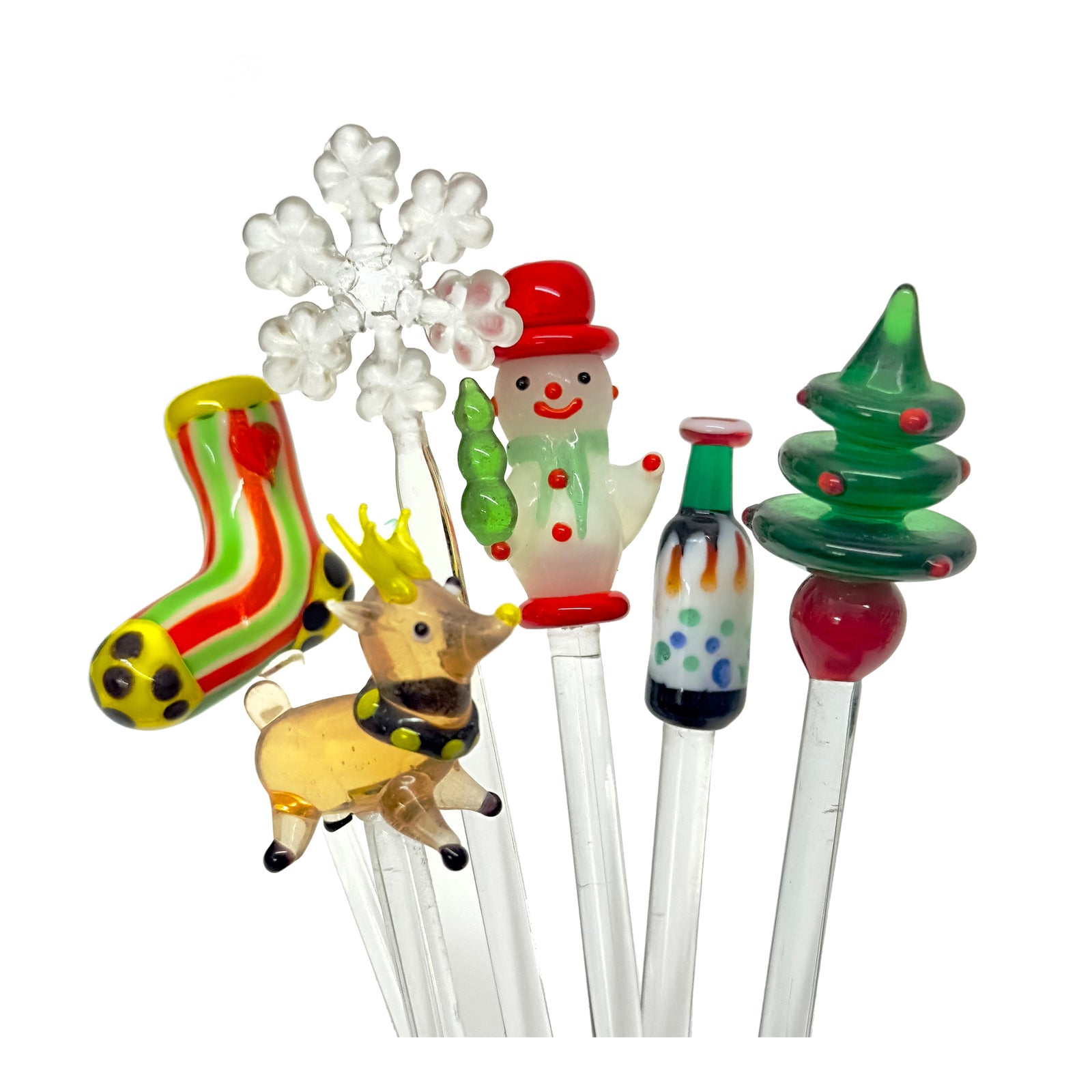 Hand-Blown Glass Holiday Themed Swizzle Sticks - Set of 6 | Chairish